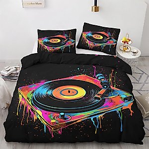 FJWXCBD Vinyl Record Music Duvet Cover Queen Size, Vintage Pattern Bedding Set 3 Piece for Bedroom Decor, Musical Graffiti Duvet Cover & 2 Pillow Shams, with Zipper & Ties, Super Soft Microfiber