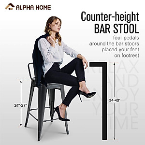 ALPHA HOME Metal Bar Stool Patio Stool 24 inches Counter Height Stools Set of 4 with Low Back Bar Chair for Indoor-Outdoor Kitchen Weight Capacity 350 lb, Matte Black