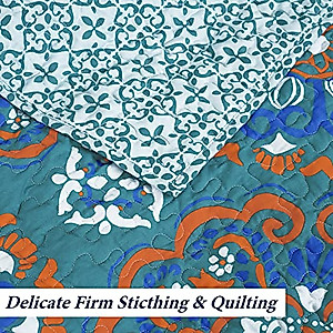 PHF 100% Cotton Fabric Boho Paisley Quilt Set Queen/Full Size, 3PCS Lightweight Cozy Bedspread for All Season, Extra Soft Reversible Bed Spread, Coverlet 90" x 90" and 2 Pillow Shams, Teal Blue