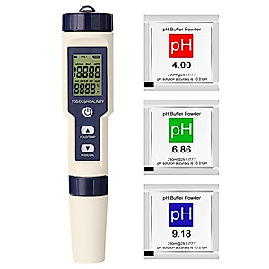 Water Quality Tester, Geevorks 5 in 1 PH/EC/TDS/Salinity/Thermometer Digital Multi-Function Tester with 3 PH Buffer Powders