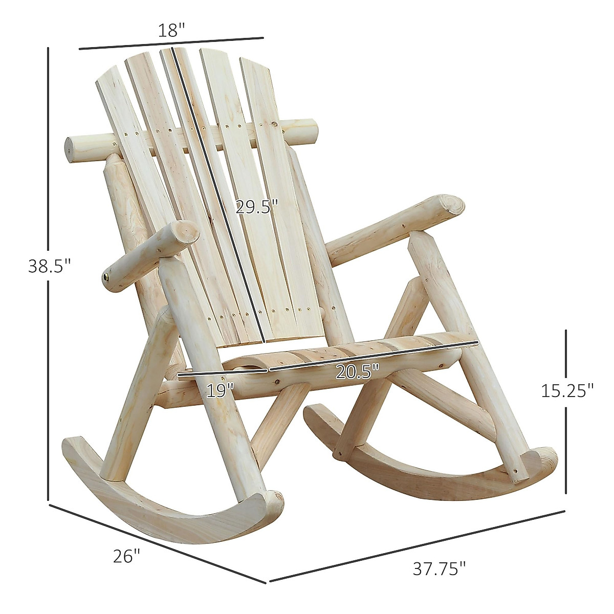 Outsunny Outdoor Wooden Rocking Chair, Single-Person Adirondack Rocking Patio Chair with Rustic High Back, Slatted Seat and Backrest for Indoor, Backyard, Garden, Carbonized