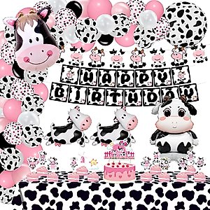 120PCS Cow Birthday Party Decorations, Cow Print Birthday Decorations Include Pink Cow Balloon Garland Arch Tablecloth Banner Toppers Balloons for Cow Themed Birthday Party Supplies