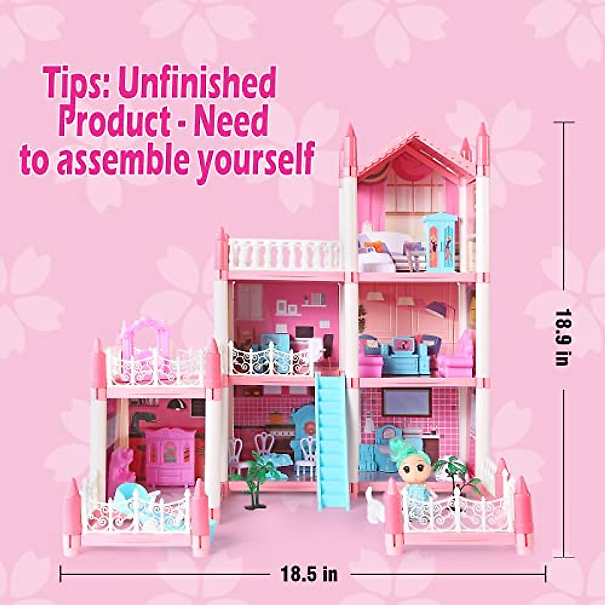 Doll House Dream House for Girls - DIY 3 Story 6 Rooms Pink Dollhouse with 6 Dolls Toy Figures, Pet Dog, Furniture, Pretend Play House with Accessories, Ideal Birthday Toy for Girls