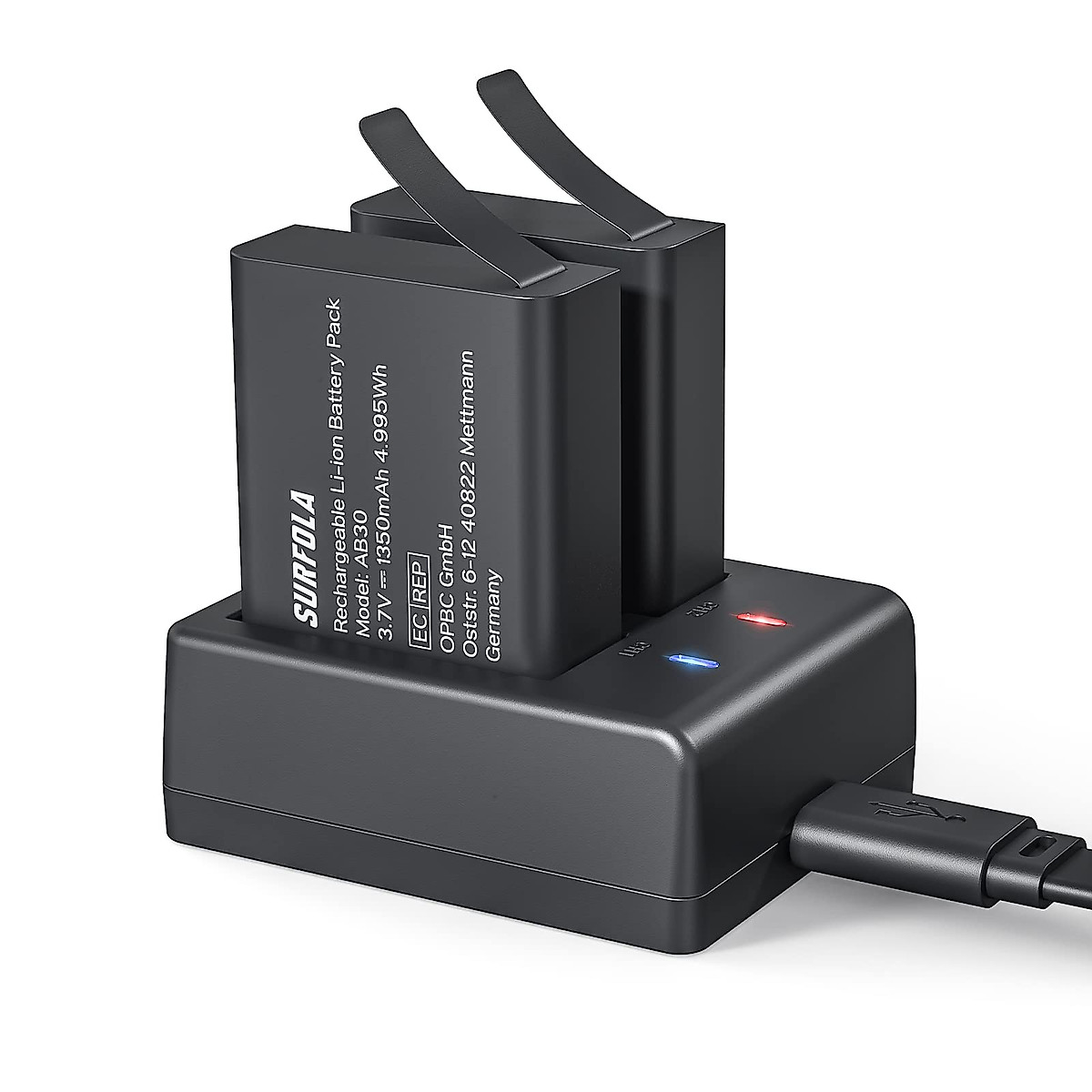 Surfola Action Camera Battery Pack, Rechargeable Batteries with Charger 1350mAh X2, with USB Dual Charger for Sports Camera, Compatible with AKASO EK7000/CAMPARK/CROSSTOUR/APEMAN and More