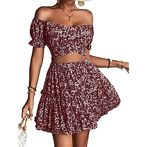 LYANER Women's 2 Piece Outfits Floral Off Shoulder Tie Up Crop Top and Mini Skirt Set Wine Red Floral Small