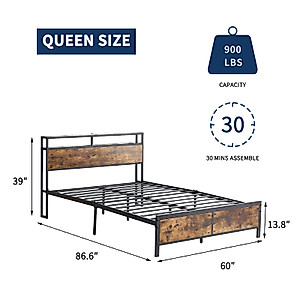 Modern Industrial Bed Frame with LED Lights,2-Tier Storage Headboard with Charging Station,Industrial Metal Platform LED Bed Frame with Outlets and USB Ports,Noise Free,No Box Spring Needed