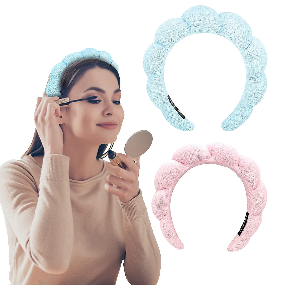 R.S LUXURY Makeup Headband for Washing Face or Facial, Set of 2 Skincare Headbands, Terry Cloth Headband Pink & Blue Spa sponge Headband Combo Package - Headband for makeup Clearance makeup