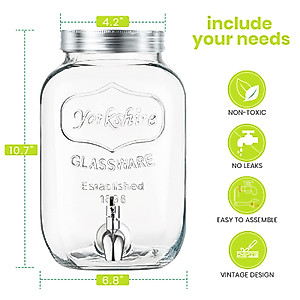 Wanik 1 Gallon Glass Drink Dispensers for Parties - Set of 2 Glass Jar Beverage Dispenser With Leak-Free Spigot, Water Dispenser Countertop for Weddings, Sun Tea Jar, Punch, Lemonade & Juice Dispenser