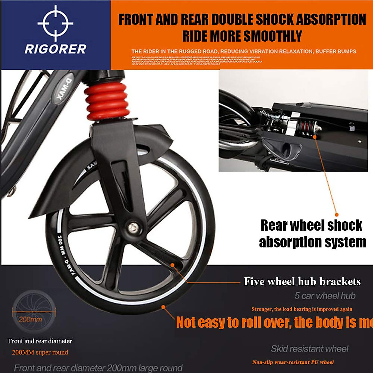 WRRAC-Trampolines Sport Pro Scooter Stunt Kick Scooters with Brake and Suspension Light Frame Big 200mm Wheel Durable Push Scooter for Adults, Kids and Teens, White