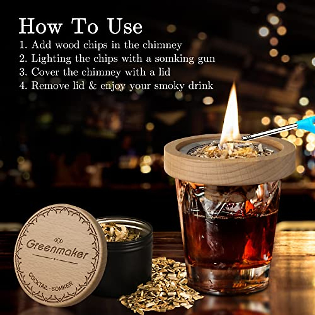Greenmaker Cocktail Smoker Kit, Old Fashioned Bourbon Drink Smoker with 4 Flavors Wood Chips, Gift for Whiskey Smoker Lover,Men Dad Husband