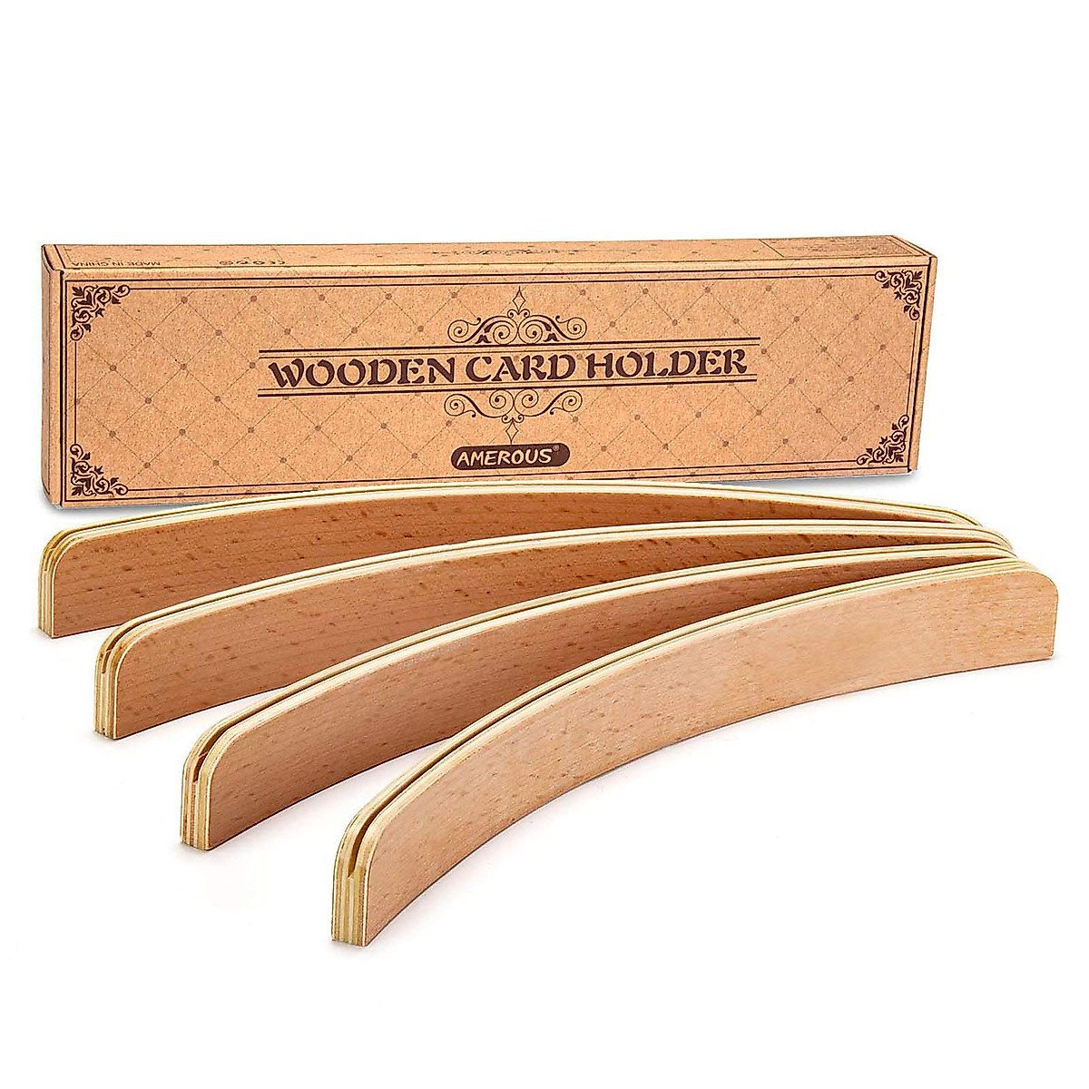 AMEROUS Wooden Playing Card Holders for Kids Seniors Adults, Long Enough Curved Wood Tray Rack Organizer for Card Game (Set of 4)