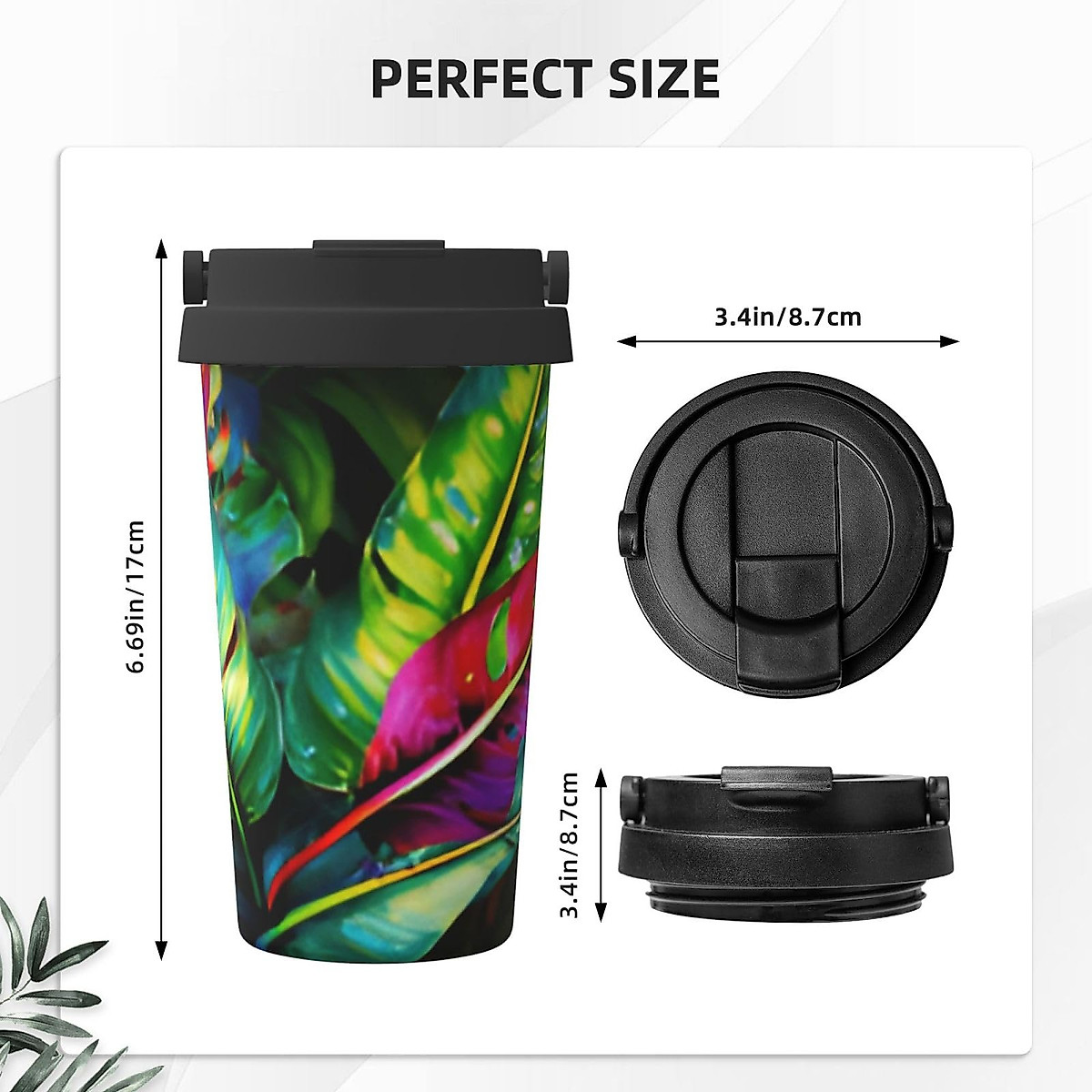 Insulated Coffee Mug Colorful Tropical Leaf 17oz Double Wall Vacuum Stainless Steel Tumbler With Leak-Proof Lid And Handle, Cute Travel Thermos Mug For Cold Hot Drinks