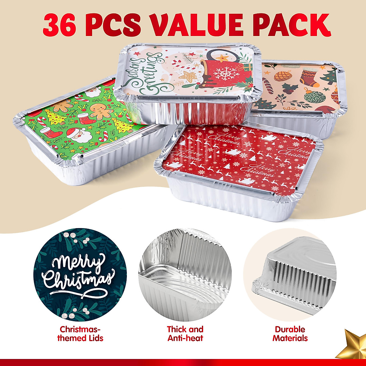 JOYIN 36 Pieces Christmas Foil Containers with Lids, 9 Holiday Designs, 5"x4"x1.5" Rectangular Treat Foil Containers, Disposable Food Storage Pan for Holiday Leftovers Goodie Container