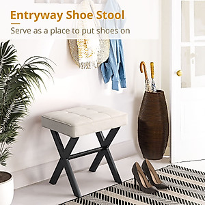 LUE BONA Ottoman Foot Stool Vanity Stool, Square Linen X-Leg Foot Rest Ottoman Makeup Stool, Small Stool Chair for Vanity, Modern Padded Vanity Seat for Makeup Room, Living Room, Bathroom, Linen Color