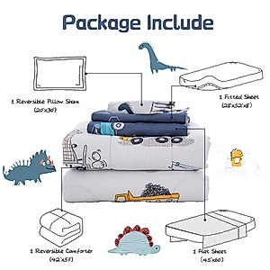 DJY 4 Pieces Cotton Toddler Bedding Set, Dinosaur Cars Reversible Toddler Bed Comforter Set for Kids Boys Girls, Includes Quilted Comforter, Flat Sheet, Fitted Sheet and Pillowcase