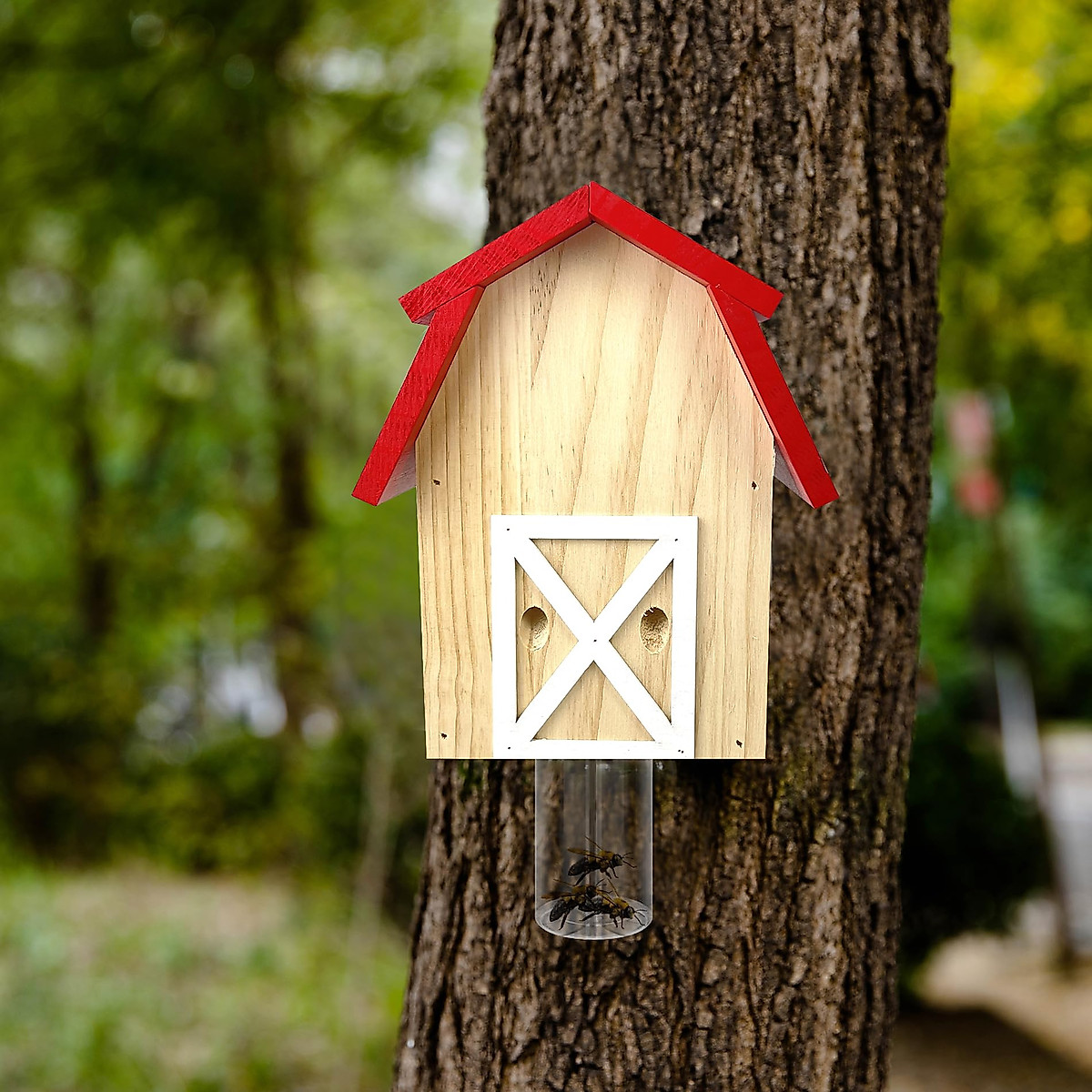 GRTRE 1 Pack Wood Carpenter Bee Trap for Outside - Best Bee Trap - Wood Boring Bee Trap- Nature Barn Style Carpenter Bee Traps Outdoor Hanging - Insect Traps Removes Carpenter bee