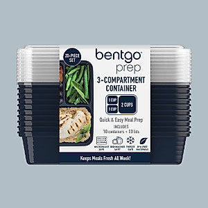 Bentgo Prep 3-Compartment Meal-Prep Containers with Custom-Fit Lids - Microwaveable, Durable, Reusable, BPA-Free, Freezer and Dishwasher Safe Food Storage Containers - 10 Trays & 10 Lids (Navy Blue)