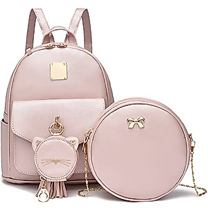 BESYIGA Girls Small Kitty Backpack 3 PCS Leather Backpack Purse for Women Travel Bag Kids Backpack Mini Backpack for Girls