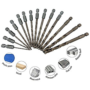 NordWolf 14-Piece M35 Cobalt Jobber Drill Bit Set for Stainless Steel & Hard Metals, Multi Points Drill Tip with 1/4" Hex Shank for Quick Chucks & Impact Drivers, SAE Sizes 1/16" to 1/4"