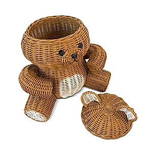 G6 COLLECTION Bear Rattan Storage Basket With Lid Decorative Bin Home Decor Hand Woven Shelf Organizer Cute Handmade Handcrafted Nursery Gift Decoration Animal Wicker Bear (Brown Bear)