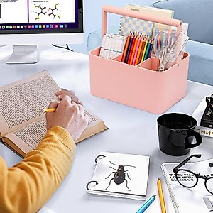LAFARA Multipurpose Caddy Organizer, Portable Art Caddy with Handle and Adjustable Divider, Plastic Craft Caddy （Pink+Blue）