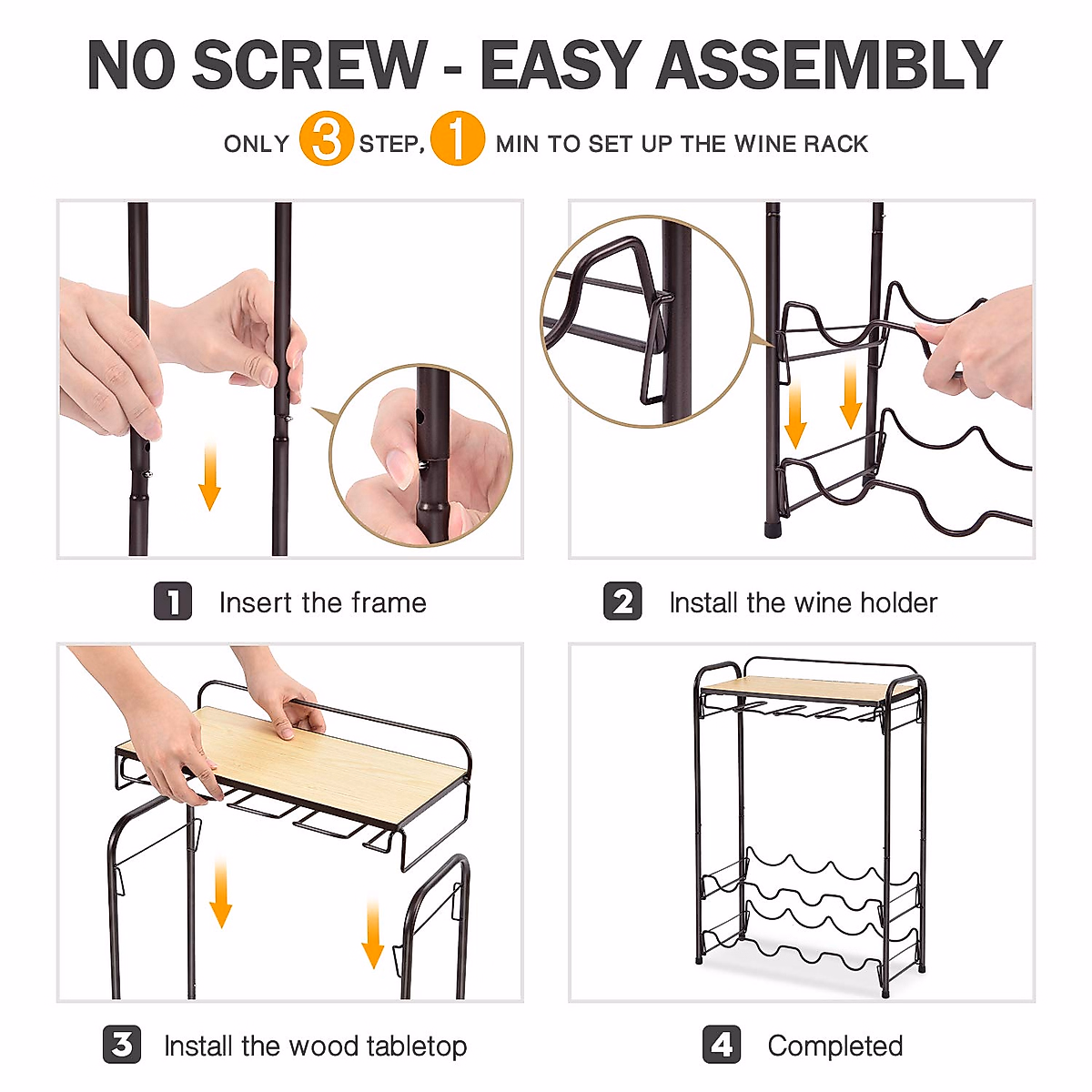 TOOLF 8 Bottle Wine Rack Freestanding Floor, Metal Wine Storage Shelf with Glasses Holder & Table Top, 4 Tier Wine Display Organiser, for Home Decor, Cellar, Bar, Countertop, Cabinet