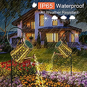 Solar Watering Can with Lights, Outdoor Decorative Garden Light Solar Fairy Lights, Waterproof Metal Retro Star Shower Art Hanging Waterfall Lights for Patio Lawn Yard (with Shepherd Hook)