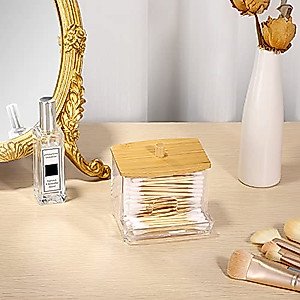 Hipiwe Acrylic Q-Tip Holder with Bamboo Lid - Clear Q-Tips Dispenser Bathroom Containers Canister Cotton Swab Holder Bathroom Countertop Storage Organizer for Q-tip Cotton Swab