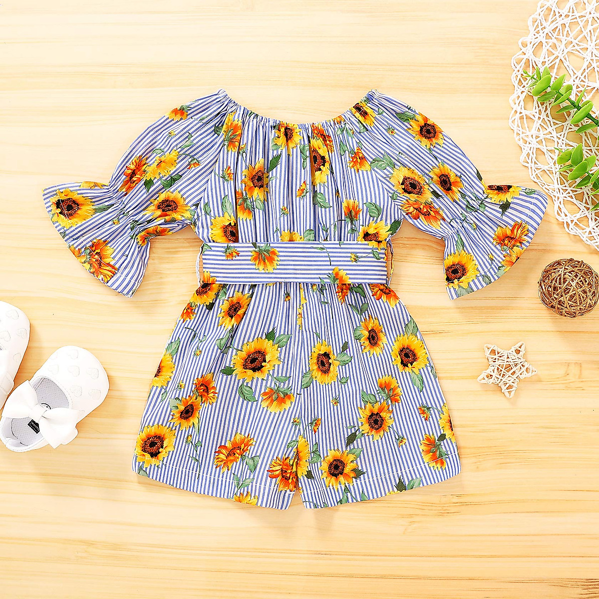 YOUNGER TREE Kids Toddler Baby Girls Summer Outfit Off-Shoulder Sunflower Overall Romper Jumpsuit Short Trousers Clothes (Sunflower, 18-24 Months)