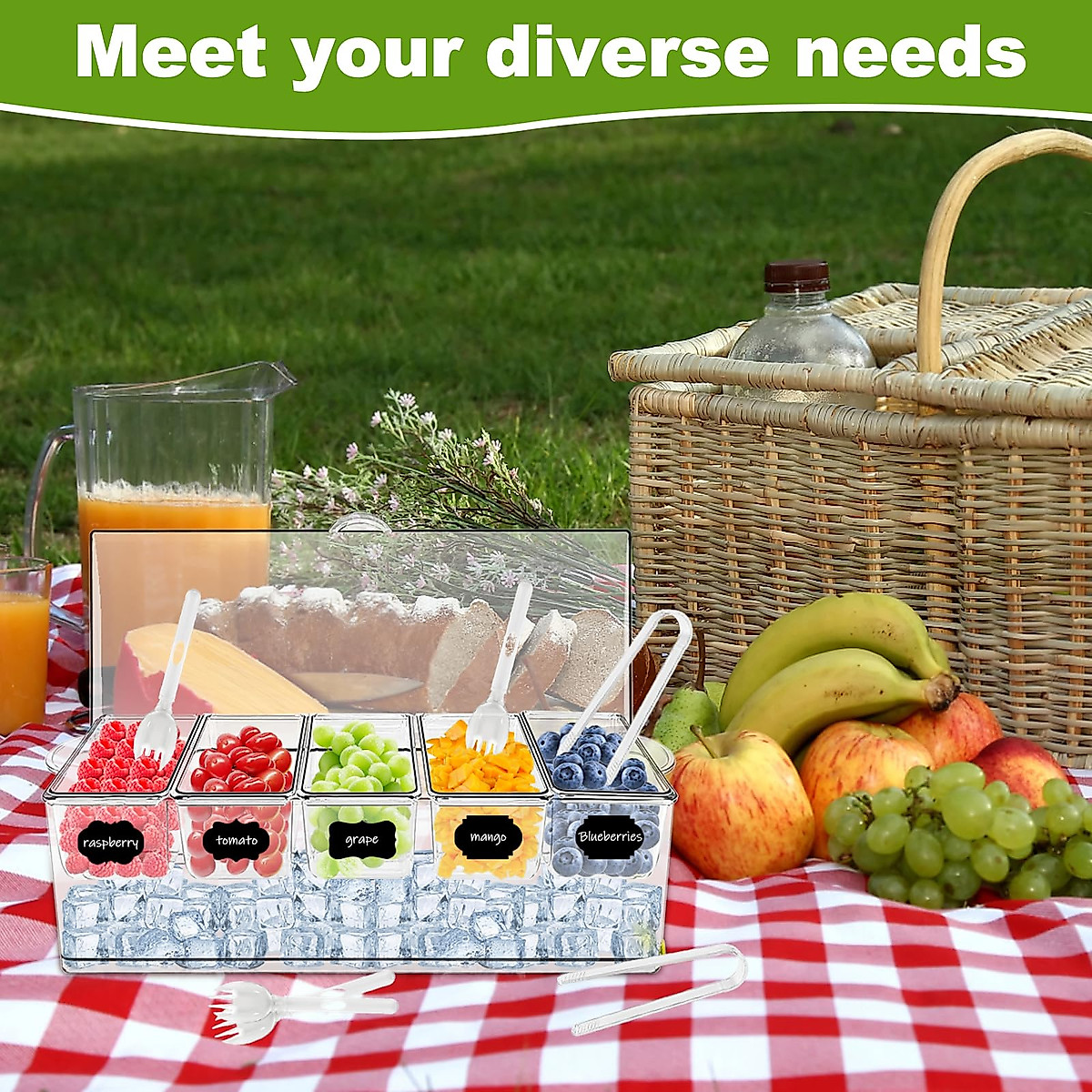 Ice Chilled Condiment Server Caddy, Bar Fruit Caddy with Lid and 5 Removable Compartments, Plastic Storage Food Container Clear Ice Condiment Serving Tray for Party, Toppings Bar Container