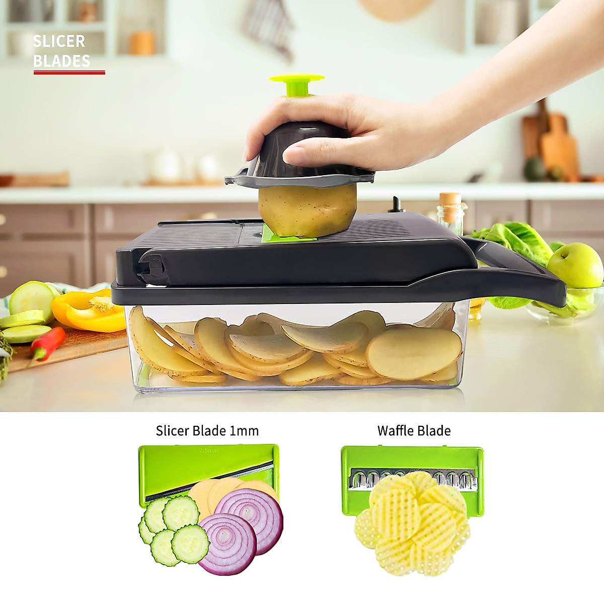 Vegetable with Container Chopper, Onion Cutter, Multifuctional Chopper, Vegetable Slicer Dicer Cutter, Veggie Chopper With 8 Blades, Food Salad Chopper Potato Slicer, Good Assistant in Kitchen