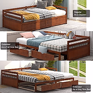 Giantex Extendable Daybed with Trundle and 2 Storage Drawers, Twin to King Daybed with Solid Wood Roll Out Bed Frame, Dual-use Modern Sofa Bed for Teens, Adults, Bedroom, Living Room (Cherry)