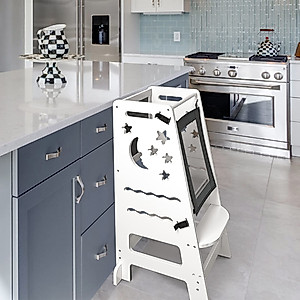 TOETOL Bamboo Toddler Kitchen Stool for Kids Step Stool - White Little Helper Tower Adjustable Height with Learning Black & White Activity Board1