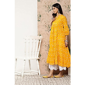 Janasya Indian Women's Mustard Cotton Botanical Printed Flared Kurta