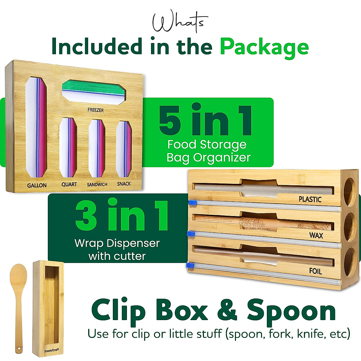 Bamboo Zip Lock Bag Kitchen Drawer Organizer - 9-in-1 Wrap Dispense with Cutter, Compatible with Gallon, Quart, Sandwich, and Snack Bags
