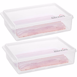 Komax Daykips Bacon Container for Refrigerator – BPA-Free Refrigerator & Freezer Containers for Food – Bacon Keeper for Refrigerator w/Dripping Tray for Bacon, Deli Meat & Cheese Storage (Set of 2)