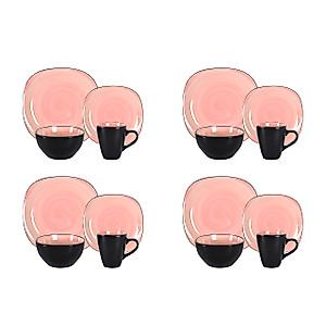 HomeVss, Stoneware Square 16pc Dinnerware Set, Inside Spinwaseh Swirl Rose + Outside Black