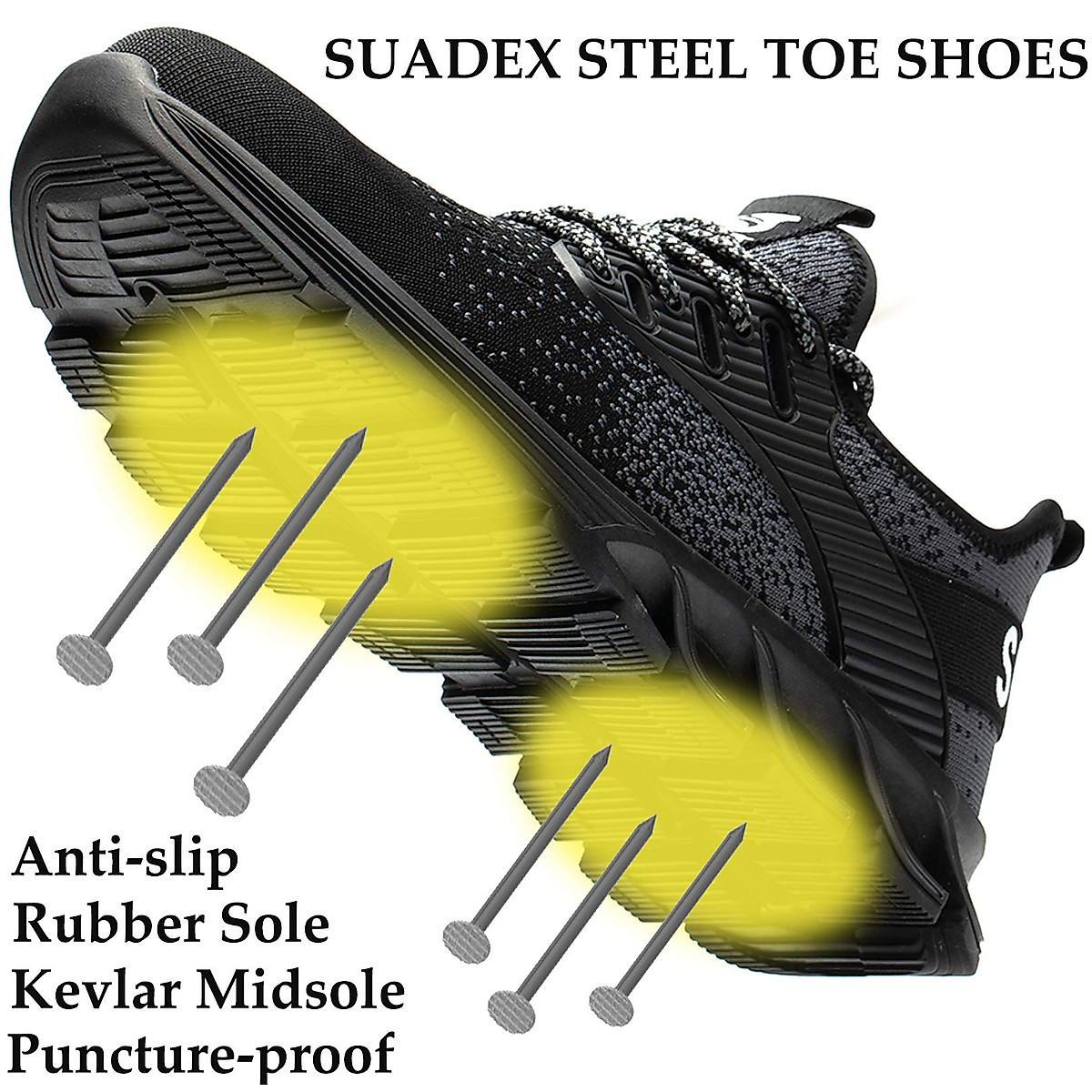 SUADEX Steel Toe Sneakers for Men Women Indestructible Work Safety Shoes Lightweight Comfortable Slip Resistant Composite Toe Black