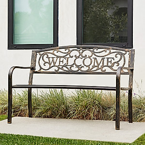 BELLEZE Outdoor Garden Bench, 50 inch Cast Iron Metal Loveseat Chairs with Armrests for Park, Yard, Porch, Lawn, Balcony, Backyard, Antique Patio Seat Furniture Welcome Design, Brown