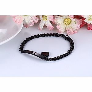 PJ JEWELRY Free Engraving-Stainless Steel Thin ID Tag Chain Bracelets with Small Heart Charm for Women,7.8",Black