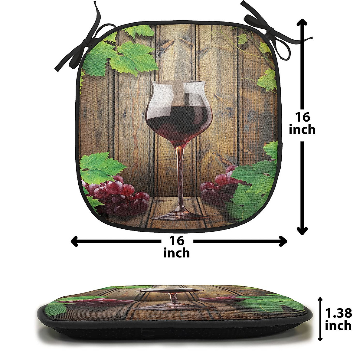 Lunarable Winery Chair Cushion Pads Set of 4, Wine Glasses and Grapes Rustic Wood Planks Alcoholic Drink Gourmet Taste, Anti-Slip Seat Padding for Kitchen & Patio, 16"x16", Brown Green Burgundy