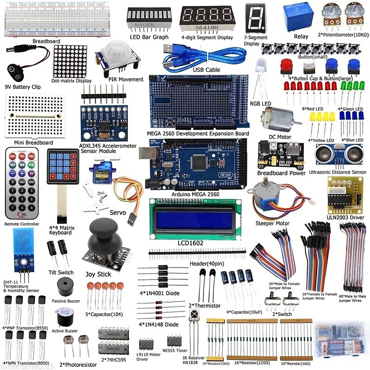 MEGA Starter Kits for Arduino Development Board ATMEGA2560 ATMEGA16U2 Chipset with LCD1602,Servo Motor and Electronic Components