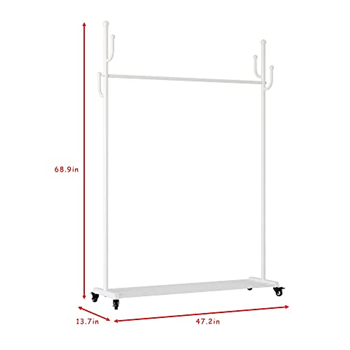 DR.IRON Rolling White Clothing Racks on Wheels,Metal White Clothes Racks with Shelves,Modern Coat Rack freestanding for Organizing Clothes and Shoes,bags,hats