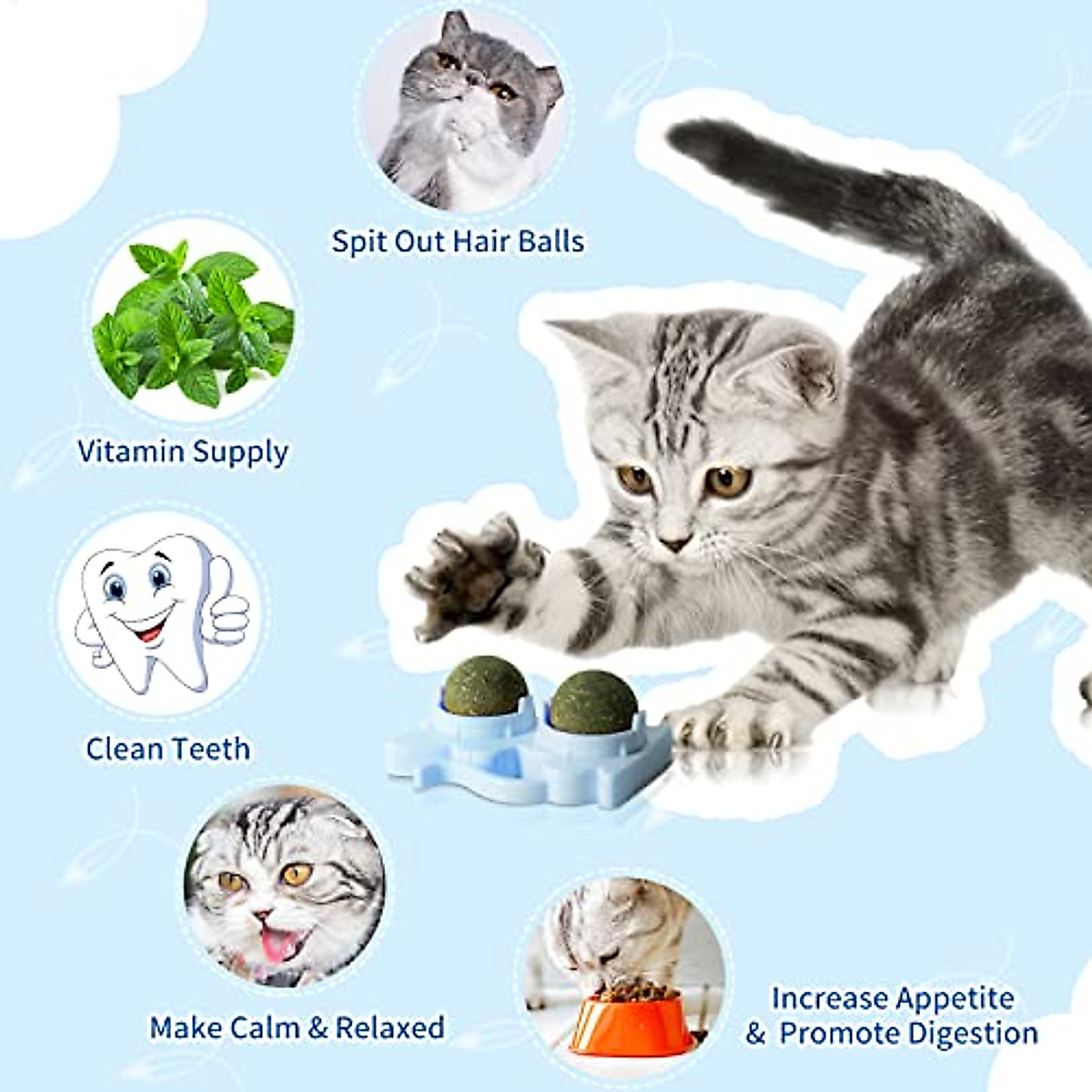 Catnip Balls for Cats Wall Catnip Ball Toy, 2 Pack Edible Cat Nip Ball Double Ball for Cats Chew Toy, Rotatable Interactive Cat Kitten Toys of Indoor Cats for Teeth Cleaning & Soothe the Mood (Blue)