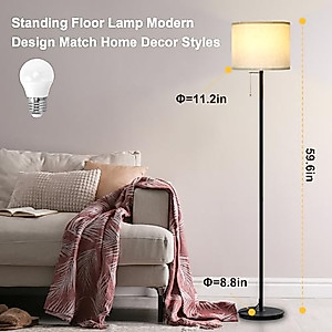 Modern Floor Lamp for Living Room Traditional Farmhouse Floor Lamps Mid-Century Pole Lamp with Linen Lamp Shade, Standing Tall Floor Lamps for Bedrooms and Office (Black+Metal Pole)