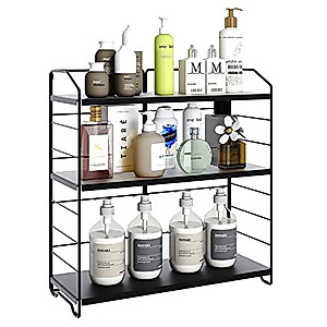 BOIVSHI 3-Tier Bathroom Countertop Organizer, 8-levels Height Adjustable Bathroom Counter Organizer Storage Shelf for Bathroom Kitchen Spice Rack Vanity Tray Cosmetic Storage Holder, Metal Black