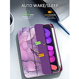 MoKo Case Fit New iPad Mini 6 Case with Pencil Holder (6th Gen 8.3 inch 2021), Soft TPU Frame Hard PC Clear Transparent Back Shell Smart Cover for iPad Mini 6 2021, Auto Wake/Sleep, Marble Gold Purple