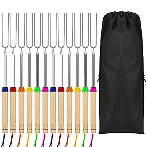 Marshmallow Roasting Sticks 32 inches Telescoping Marshmallow Skewers & Hot Dog Forks Stainless Steel Smores Skewers with Wooden Handle Storage Bag for Campfire Camping Bonfire and Grill（12 Pack ）