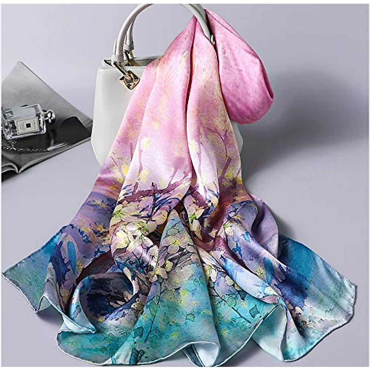 ANDANTINO 100% Mulberry Silk Long Scarf for Women Large Shawls for Headscarf and Neck- Oblong Hair Wraps with Gift Packed (Pink&Yellow Blossoms)