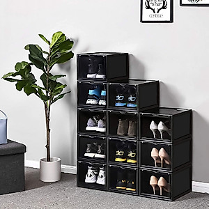 AOTENG STAR Black Storage Shoes Box Womens Mens Shoe Storage Display Box Plastic Foldable Stackable Shoe Container Clear Closet Shelf Shoe Organizer-6 Pack